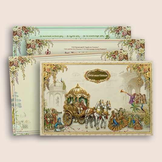 Cream Royal Horse Baraat Wedding Card | King of Cards
