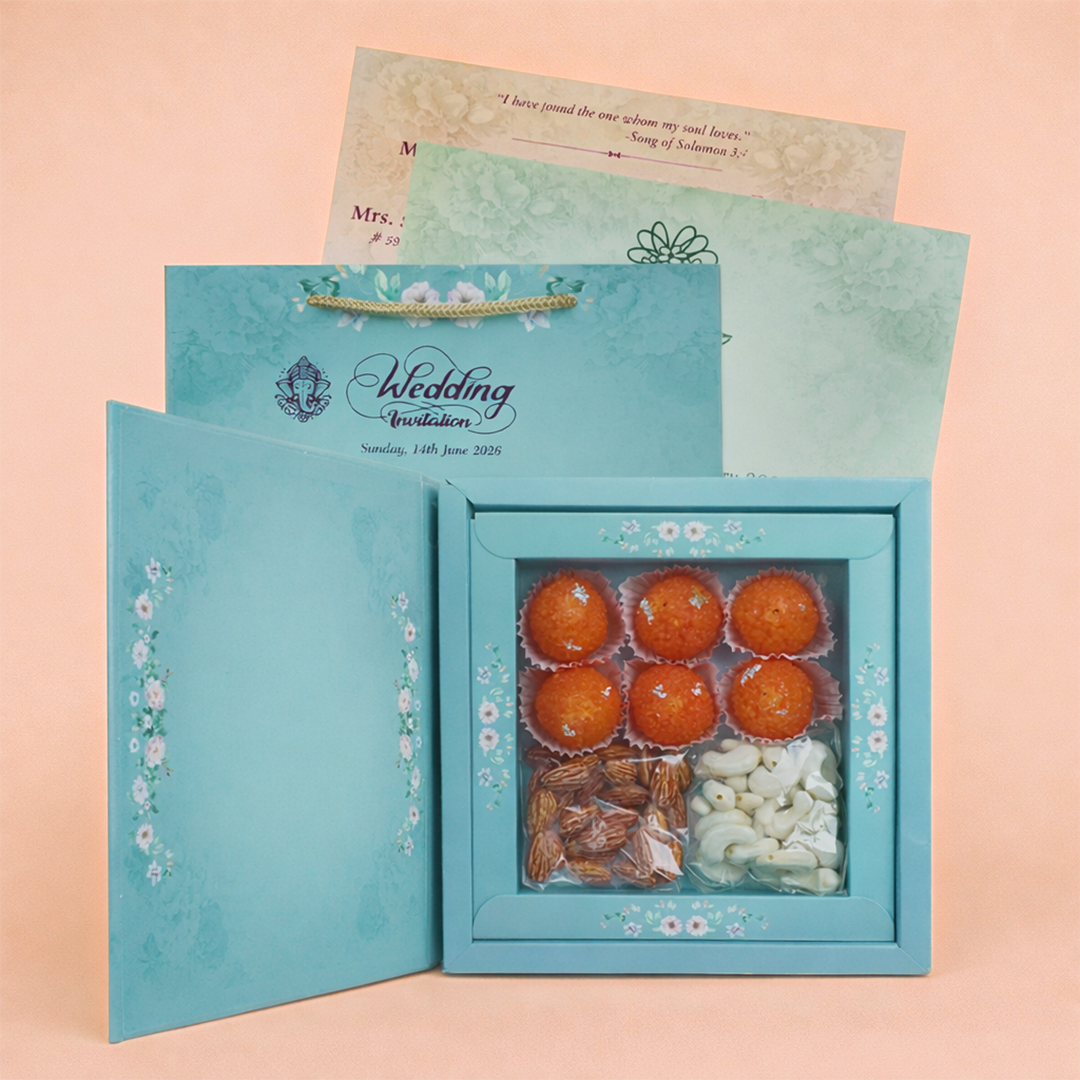Blue floral sweet box invitation card – King of Cards