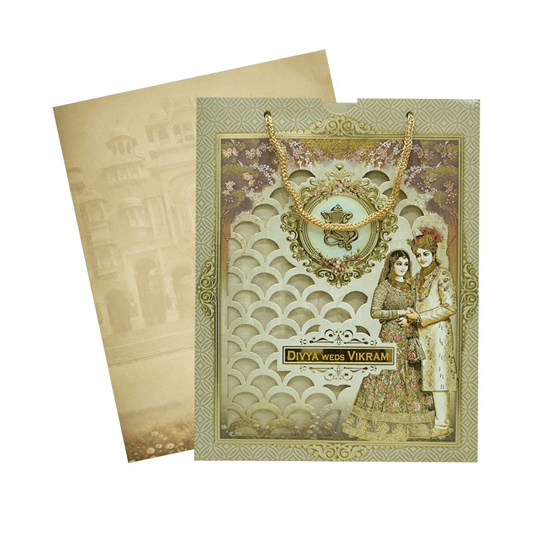 Gold-embossed-couple-bag-style-wedding-invitation – King of Cards