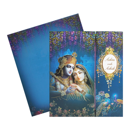 Blue Radha Krishna Padded Wedding Card – King of Cards