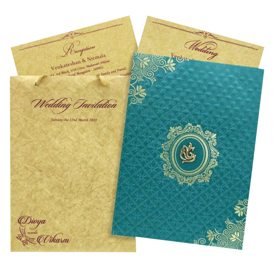 Gracious Gold And Blue Shading With Ganesha Theme Padded Wedding Card ...