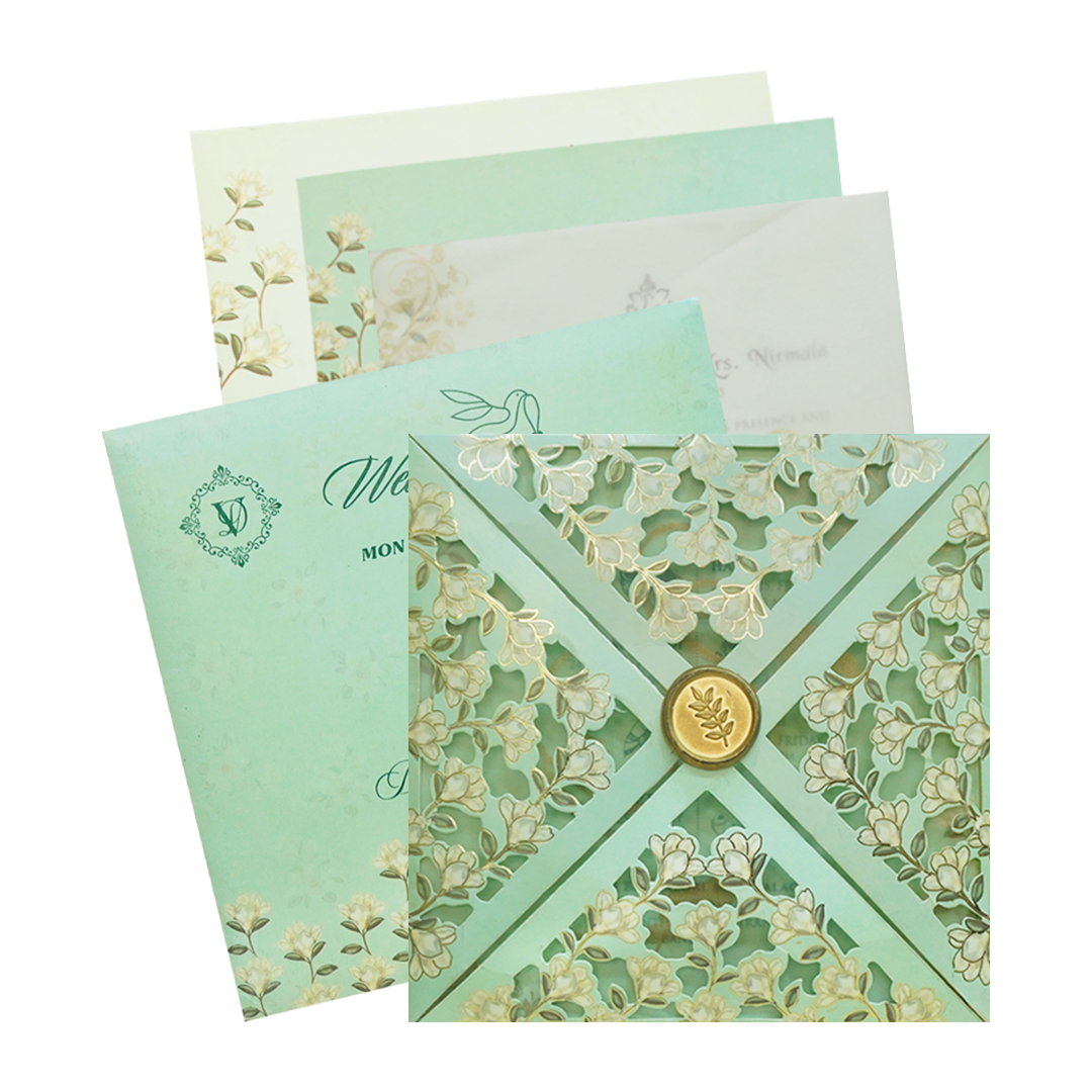 Green Floral Fancy Opening Wedding Card – King of Cards