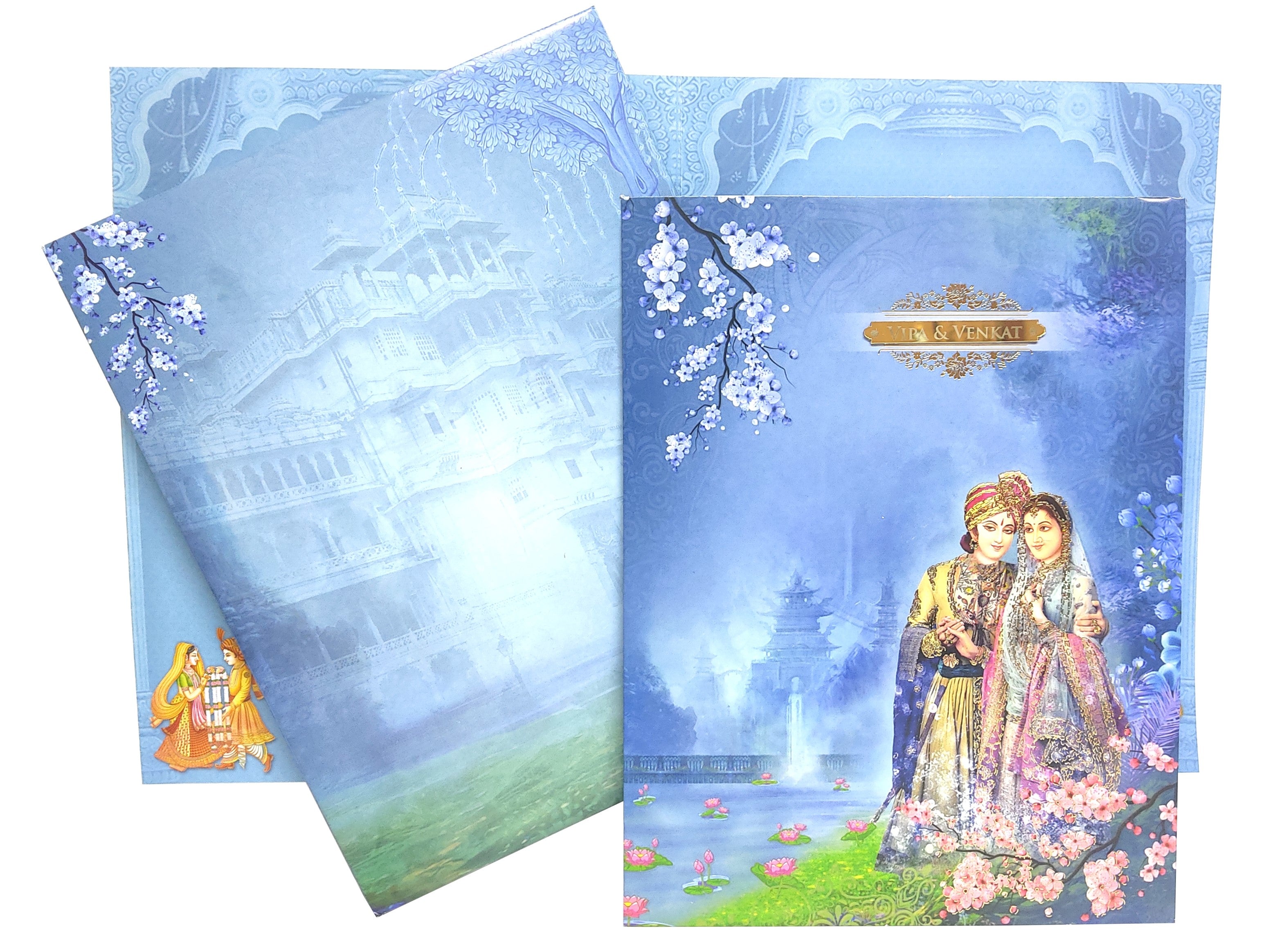Shop Blue Raja Rani Jumbo Size Wedding Card With Palace And Name Plate ...